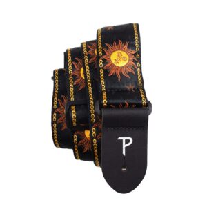 perris leather guitar strap - sunshine motif jacquard ribbon guitar strap, with leather ends - electric/acoustic/bass guitar strap - adjustable strap from 39″ to 58″ - black