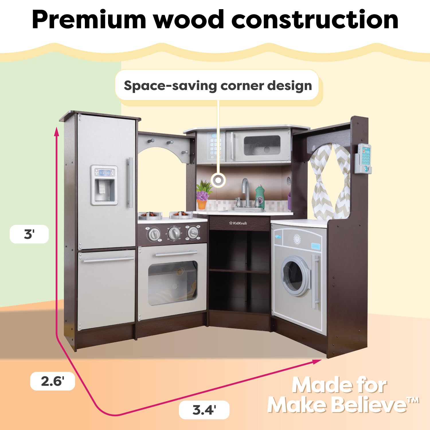 KidKraft Ultimate Corner Wooden Play Kitchen with Lights & Sounds, Play Phone and Curtains, Espresso, Gift for Ages 3+