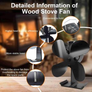 4-Blade Heat Powered Stove Fan for Wood / Log Burner/Fireplace - Eco Friendly(Black)