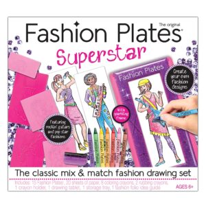 fashion plates superstar – girls fashion, mix-and-match drawing kit, arts and crafts, coloring, art supplies, craft supplies, stencils, crayons included, create your own fashion designs, ages 6+