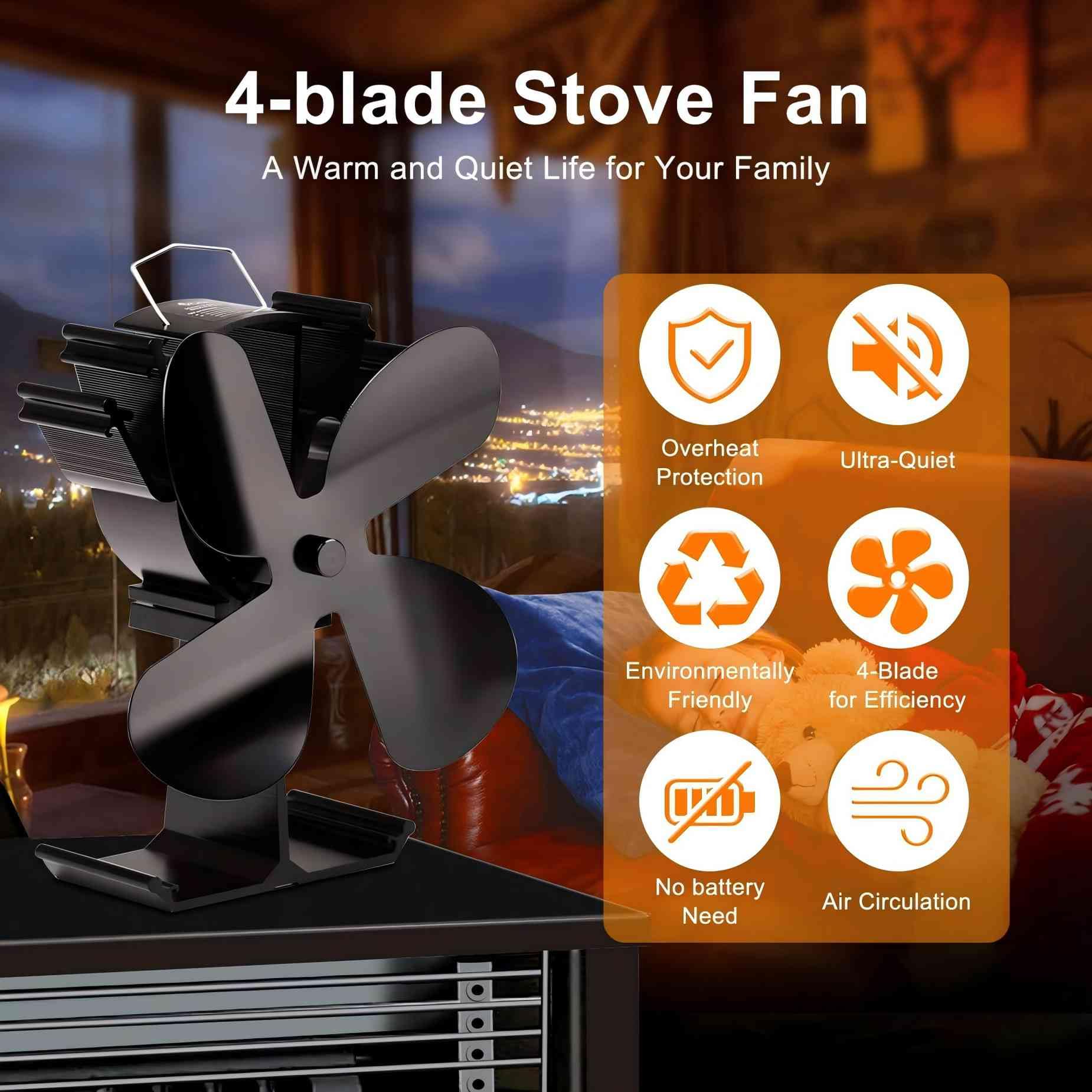 4-Blade Heat Powered Stove Fan for Wood / Log Burner/Fireplace - Eco Friendly(Black)