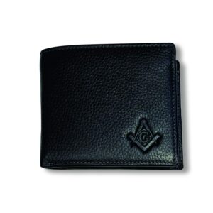 square & compass leather bi-fold masonic wallet - [black]