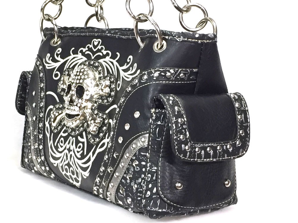 Zzfab Embroidered Concealed Carry Western Handbag Rhinestone Studded Skull Purse