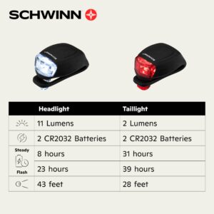 Schwinn LED Quick Wrap Bike Lights Set, Battery Powered Front Headlight and Rear/Back Tail Lights, Tool-Free Stretch-and-Hook Strap, 11 Lumen Wrap Light Set, Black