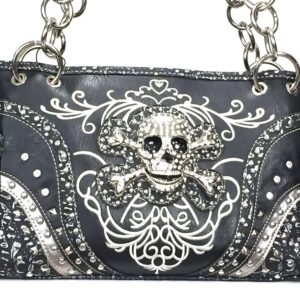 Zzfab Embroidered Concealed Carry Western Handbag Rhinestone Studded Skull Purse