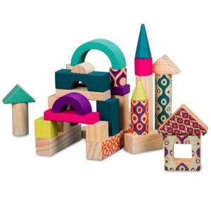 b. toys- wood u build it- sort & stack- wooden blocks – 40 building blocks – colors & shapes- play set for toddlers, kids – 18 months +