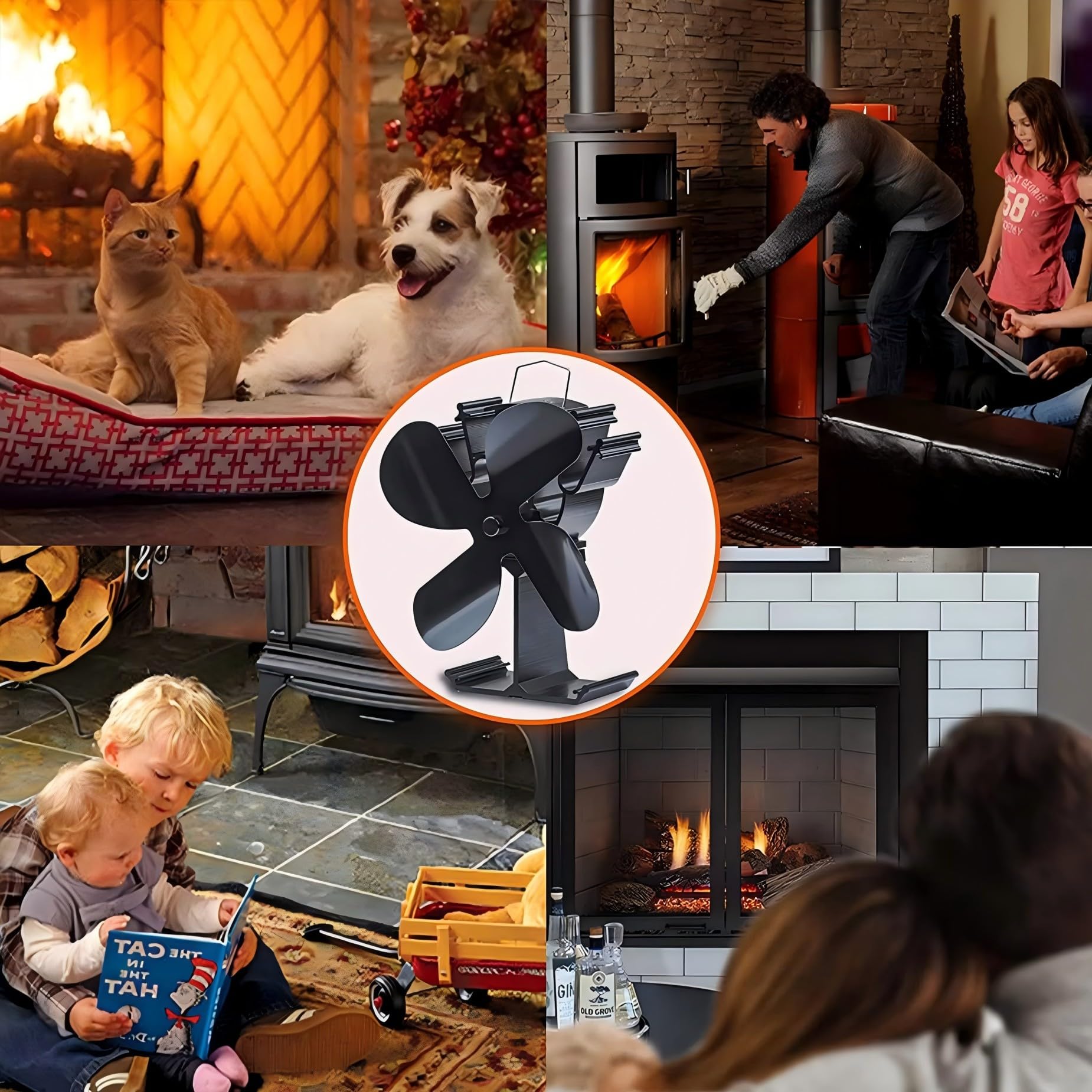 4-Blade Heat Powered Stove Fan for Wood / Log Burner/Fireplace - Eco Friendly(Black)