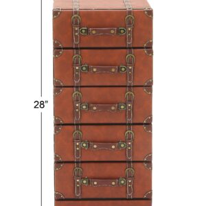 Deco 79 Wood Faux Leather 5 Drawer Chest with Buckle and Strap Detailing, 16" x 14" x 35", Brown