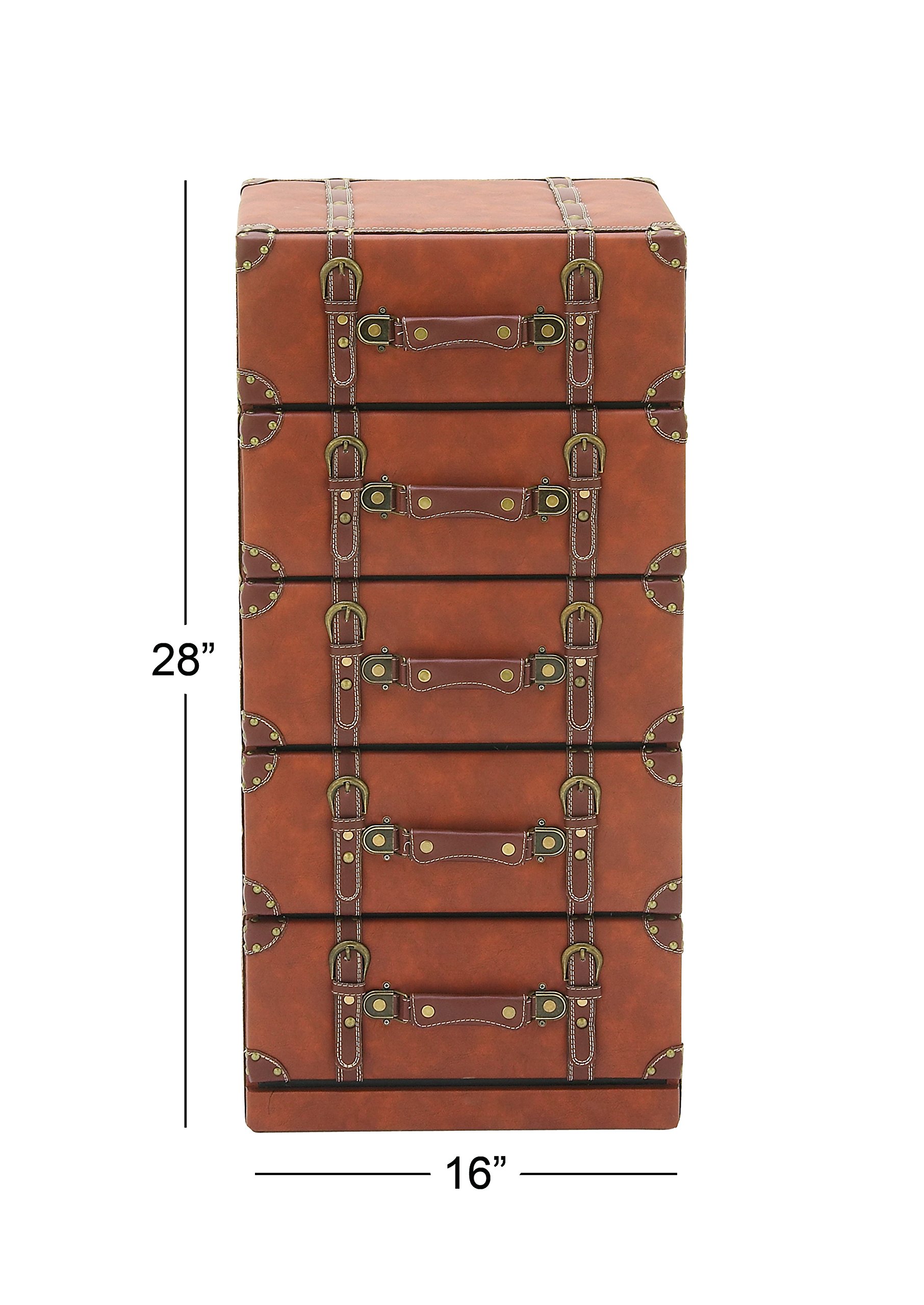 Deco 79 Wood Faux Leather 5 Drawer Chest with Buckle and Strap Detailing, 16" x 14" x 35", Brown