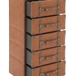 Deco 79 Wood Faux Leather 5 Drawer Chest with Buckle and Strap Detailing, 16" x 14" x 35", Brown