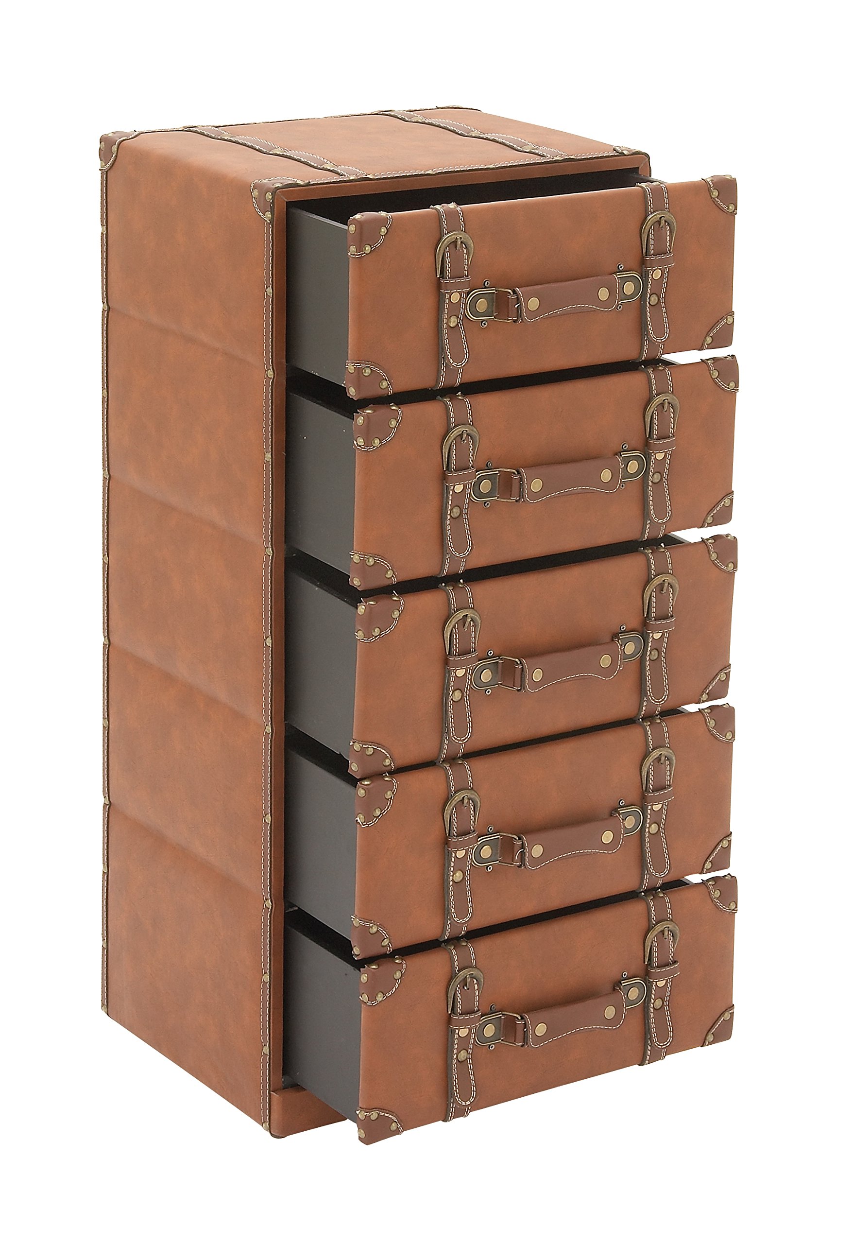 Deco 79 Wood Faux Leather 5 Drawer Chest with Buckle and Strap Detailing, 16" x 14" x 35", Brown