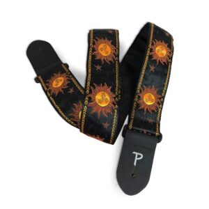 Perris Leather Guitar Strap - Sunshine Motif Jacquard Ribbon Guitar Strap, with Leather Ends - Electric/Acoustic/Bass Guitar Strap - Adjustable Strap From 39″ to 58″ - Black