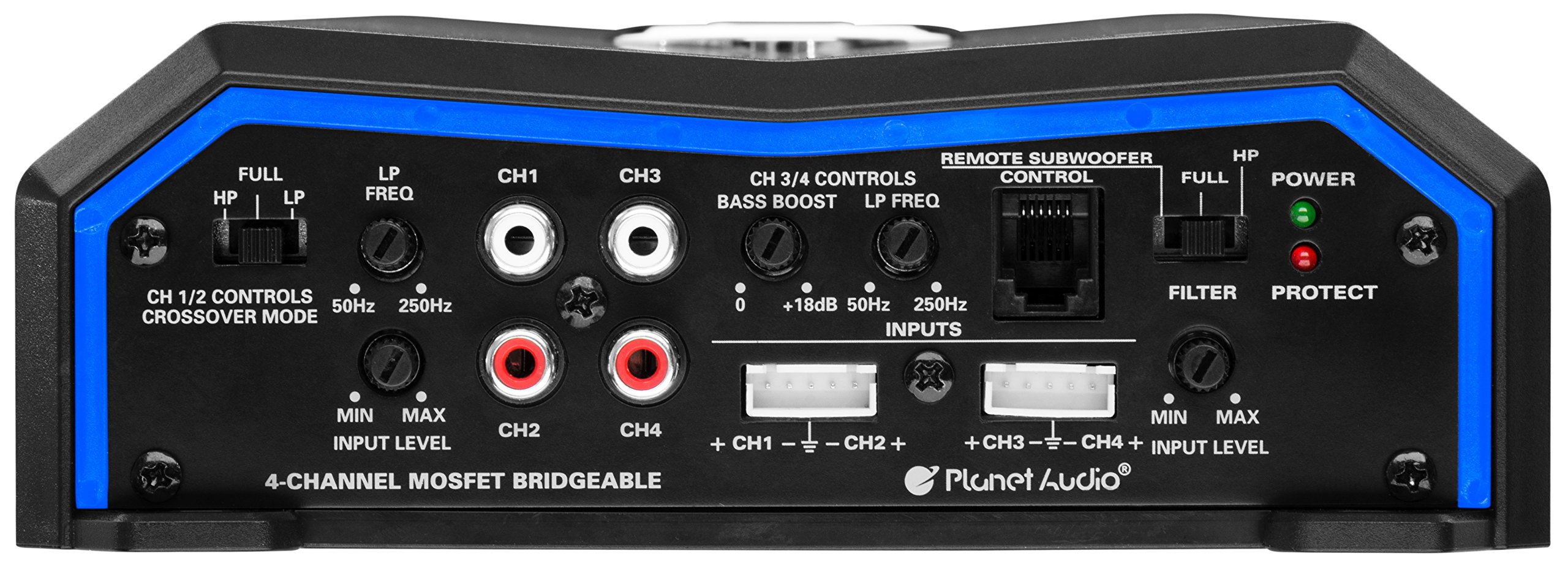 Planet Audio PL2400.4 4 Channel Car Amplifier - 2400 High Output, High/Low Level Inputs, High/Low Pass Crossover, Hook Up to Subwoofer for Bass