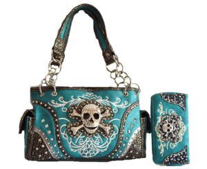 western rhinestone skull concho stitched handbag purse set (blue)