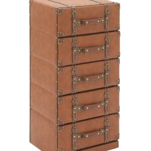 Deco 79 Wood Faux Leather 5 Drawer Chest with Buckle and Strap Detailing, 16" x 14" x 35", Brown