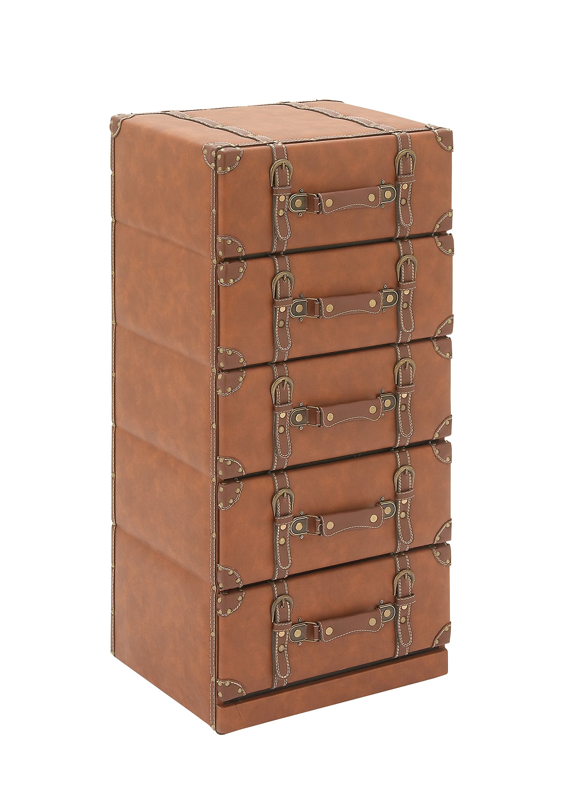 Deco 79 Wood Faux Leather 5 Drawer Chest with Buckle and Strap Detailing, 16" x 14" x 35", Brown