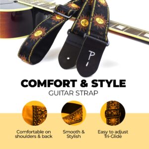 Perris Leather Guitar Strap - Sunshine Motif Jacquard Ribbon Guitar Strap, with Leather Ends - Electric/Acoustic/Bass Guitar Strap - Adjustable Strap From 39″ to 58″ - Black