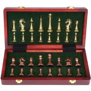 agirlgle retro metal chess set with folding wooden chess board and classic handmade standard pieces metal chess set for kids adult