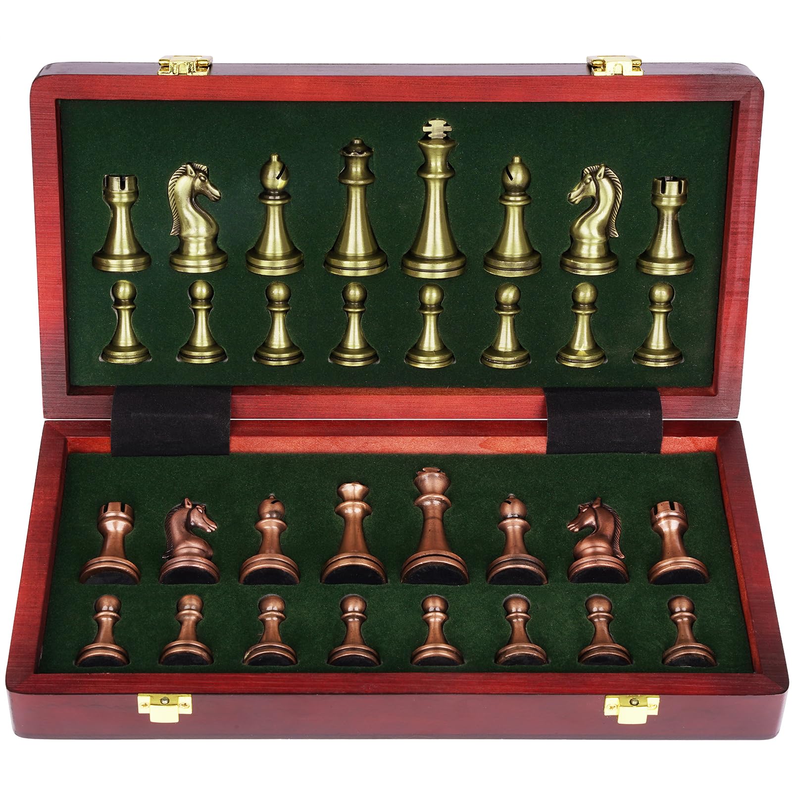 Agirlgle Retro Metal Chess Set with Folding Wooden Chess Board and Classic Handmade Standard Pieces Metal Chess Set for Kids Adult