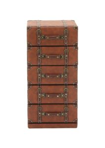 deco 79 wood faux leather 5 drawer chest with buckle and strap detailing, 16" x 14" x 35", brown