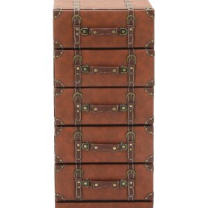 Deco 79 Wood Faux Leather 5 Drawer Chest with Buckle and Strap Detailing, 16" x 14" x 35", Brown