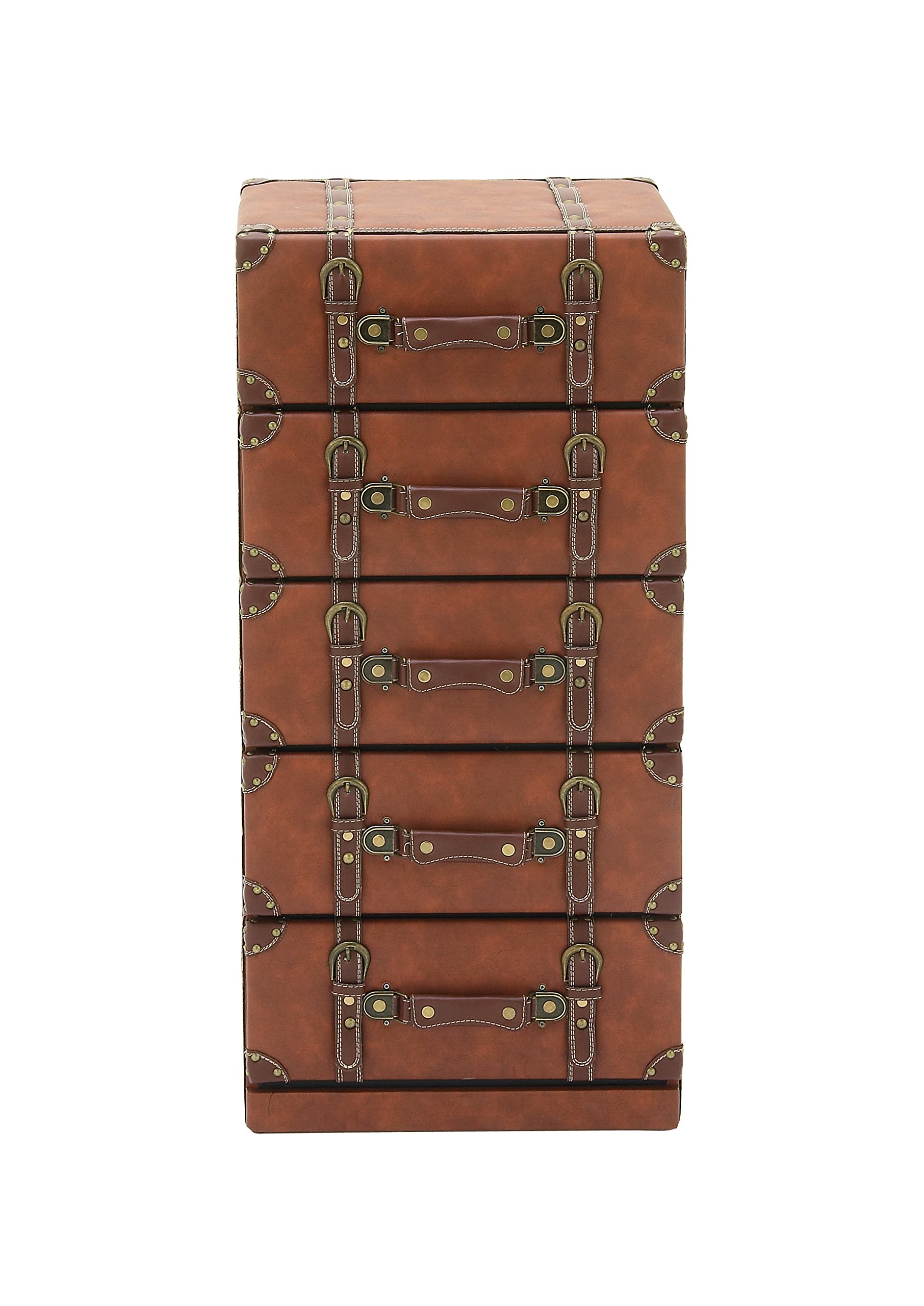 Deco 79 Wood Faux Leather 5 Drawer Chest with Buckle and Strap Detailing, 16" x 14" x 35", Brown