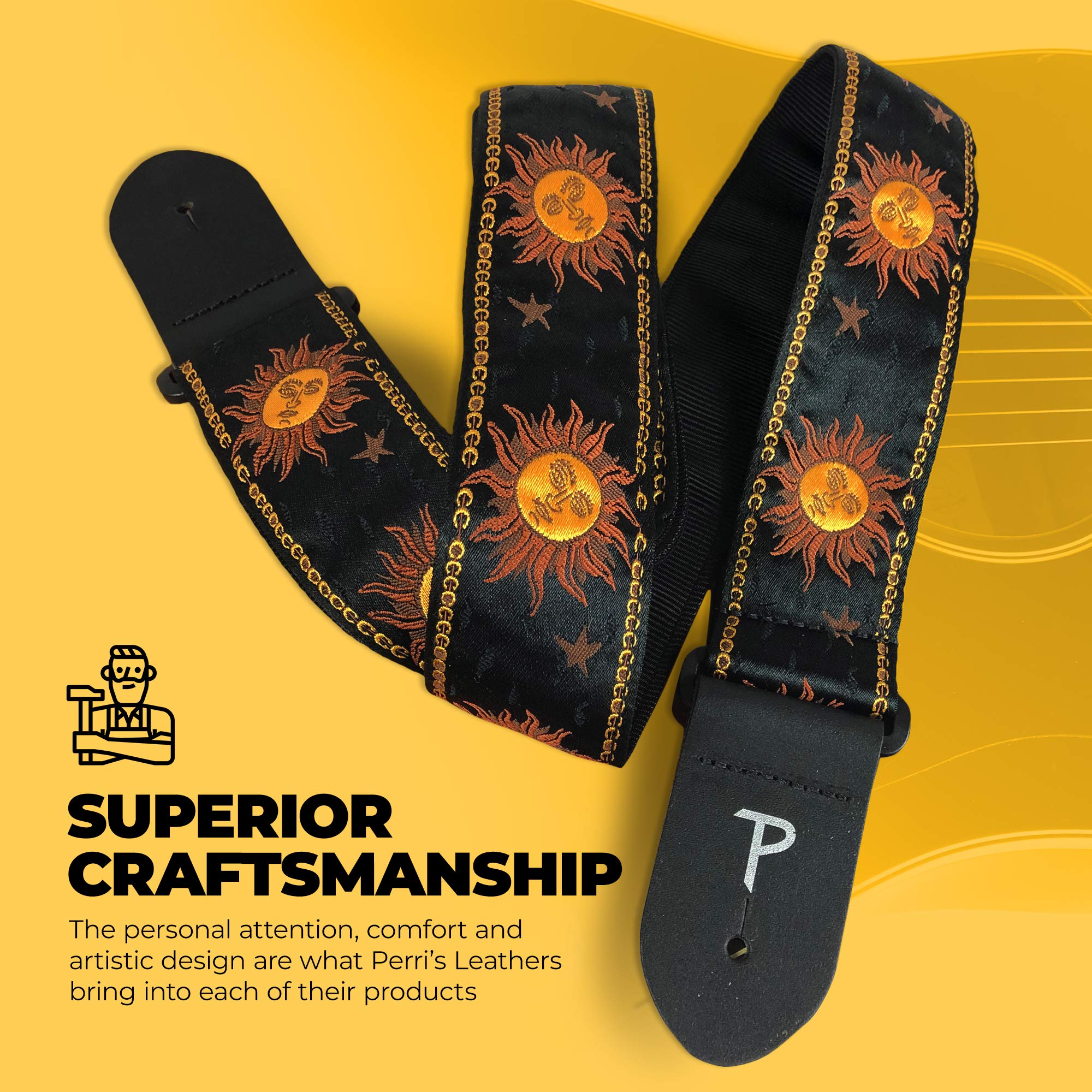 Perris Leather Guitar Strap - Sunshine Motif Jacquard Ribbon Guitar Strap, with Leather Ends - Electric/Acoustic/Bass Guitar Strap - Adjustable Strap From 39″ to 58″ - Black