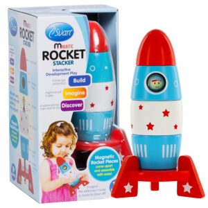 svan wooden stacker toy space rocket - 6 magnetic stacking pieces - magnet building set with surprise astronaut inside, fun hands on game for kids, all natural wood, childrens interactive play