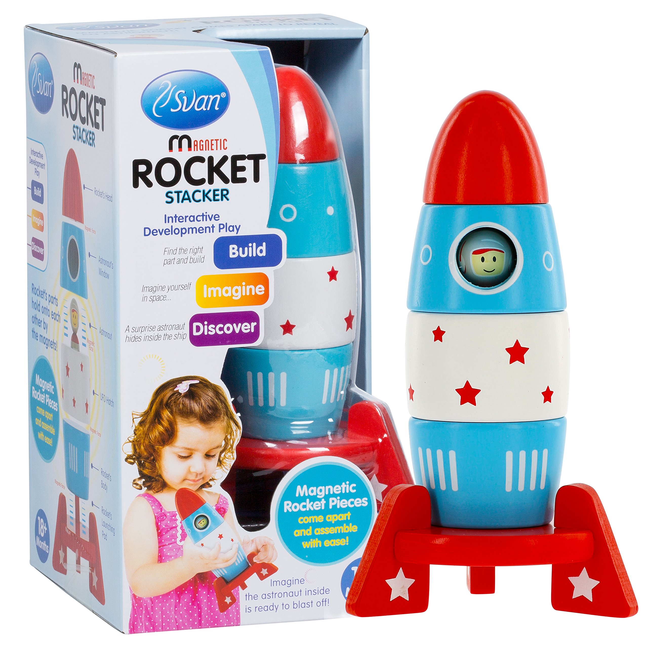 Svan Wooden Stacker Toy Space Rocket - 6 Magnetic Stacking Pieces - Magnet Building Set with Surprise Astronaut Inside, Fun Hands On Game for Kids, All Natural Wood, Childrens Interactive Play