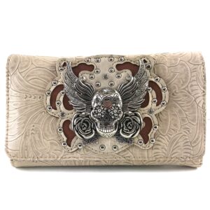 justin west tooled winged sugar skull roses laser cut wristlet trifold wallet attachable long strap (silver)