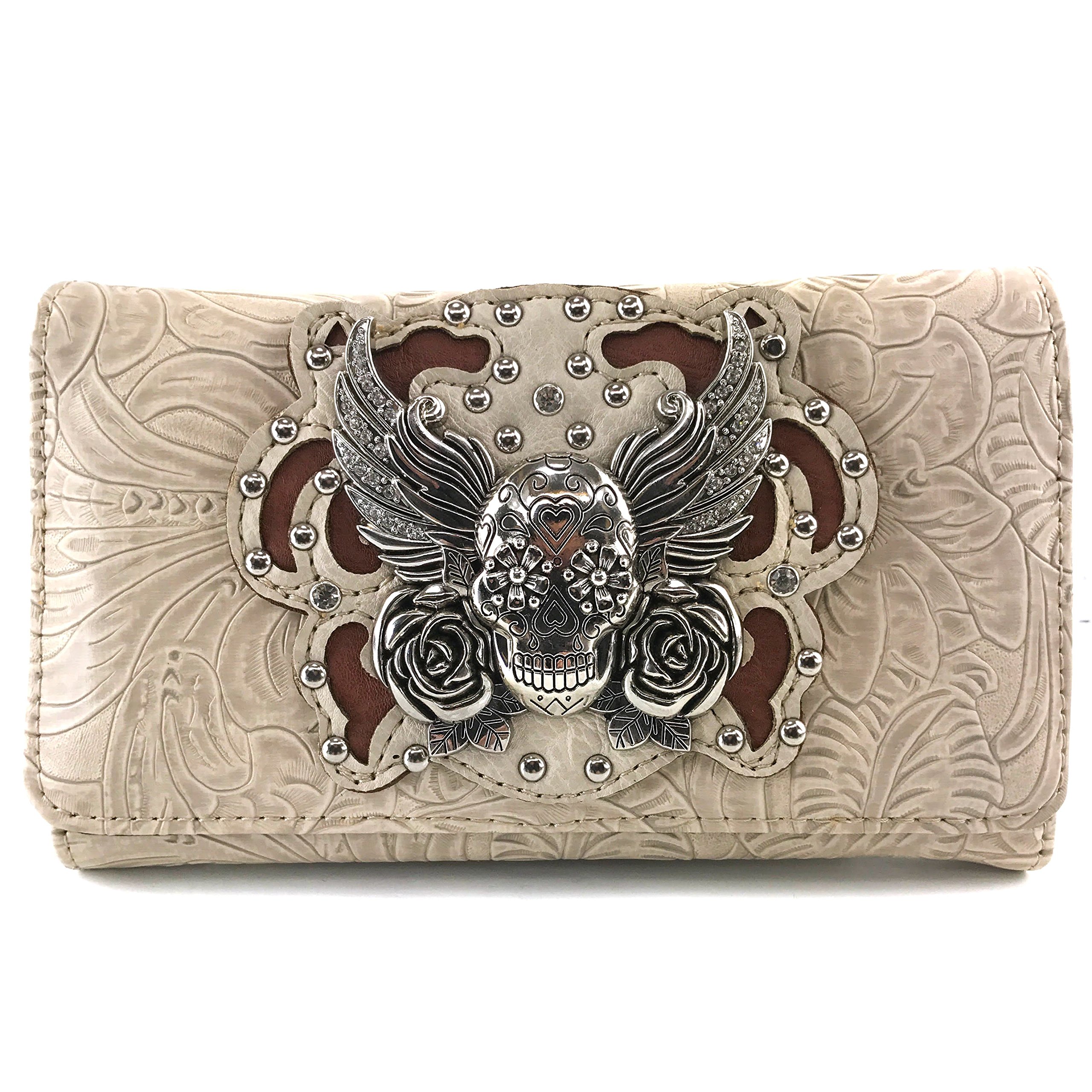 Justin West Tooled Winged Sugar Skull Roses Laser Cut Wristlet Trifold Wallet Attachable Long Strap (Silver)