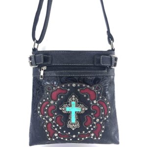 Justin West Tooled Turquoise Stone Cross Laser Cut Crossbody Messenger Bag Handbag Purse with Concealed Carry and Phone Slot (Olive)