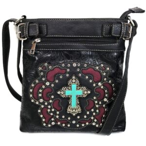 justin west tooled turquoise stone cross laser cut crossbody messenger bag handbag purse with concealed carry and phone slot (olive)