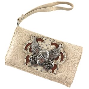 Justin West Tooled Winged Sugar Skull Roses Laser Cut Wristlet Trifold Wallet Attachable Long Strap (Silver)