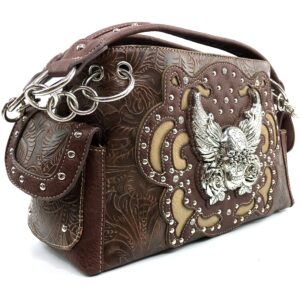 Justin West Tooled Winged Sugar Skull Roses Laser Cut Chain Shoulder Handbag Purse with Concealed Carry and Phone Slot (Light Brown)