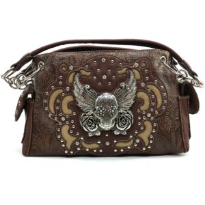 justin west tooled winged sugar skull roses laser cut chain shoulder handbag purse with concealed carry and phone slot (light brown)