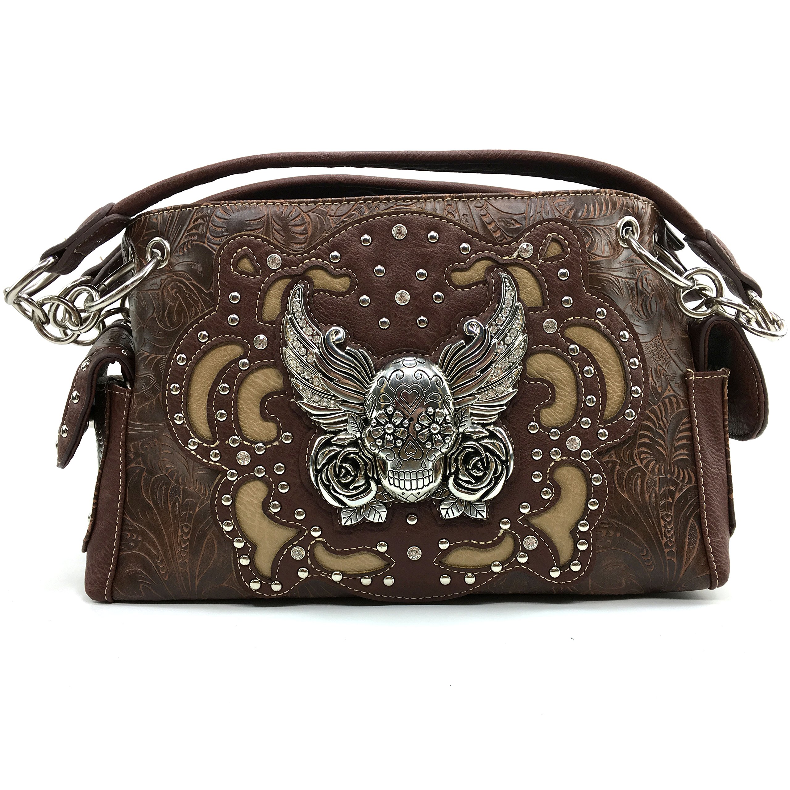 Justin West Tooled Winged Sugar Skull Roses Laser Cut Chain Shoulder Handbag Purse with Concealed Carry and Phone Slot (Light Brown)