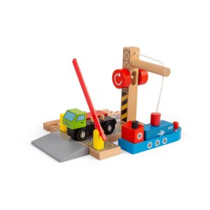 bigjigs rail, shipping container yard, wooden toys, wooden crane, wooden train track accessories, bigjigs train accessories, train toy, kids train set