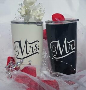 yeti custom rambler 20 oz tumbler, stainless steel, with lid, wedding set, mr. and mrs,(gloss black and pearl white)