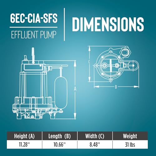 Little Giant 6EC-CIA-SFS 1/3 HP, 115-Volt, 3180 GPH Automatic Cast Iron Submersible Sump/Effluent Pump with Polypropylene Base, Integral Snap-Action Float Switch and 20-Ft. Cord, Blue, 506804