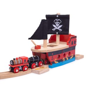 bigjigs rail wooden pirate ship galleon - pirate accessories for wooden train sets, bigjigs train accessories, pirate ship toys for kids, wooden toys for 3 4 5 year olds