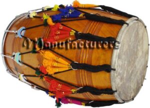 dhol drums mango wood punjabi bhangra with playing sticks and decoration partbrown