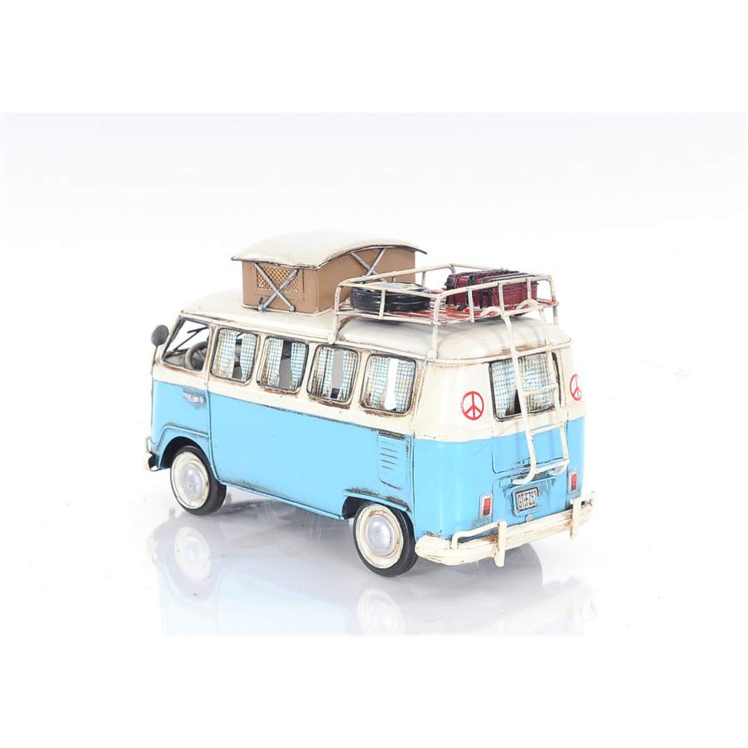 Old Modern Handicrafts Camp Bus Model with Rolling Wheels - 100% Handmade from Iron & Hand-Painted with Classic Blue & White Colors - 11.5L x 5.5W x 6H Inches