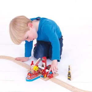 Bigjigs Rail, Fire and Sea Rescue, Wooden Toys, Bigjigs Train Accessories, Rescue Vehicles Toys, Train Toys, Wooden Crane for Train Set, Wooden Toys for 3 4 5 Year Olds