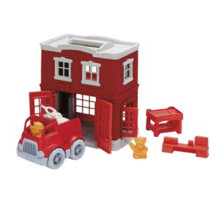 green toys fire station playset - 8 piece pretend play, motor skills, language & communication kids role play toy. no bpa, phthalates, pvc. dishwasher safe, recycled plastic, made in usa.