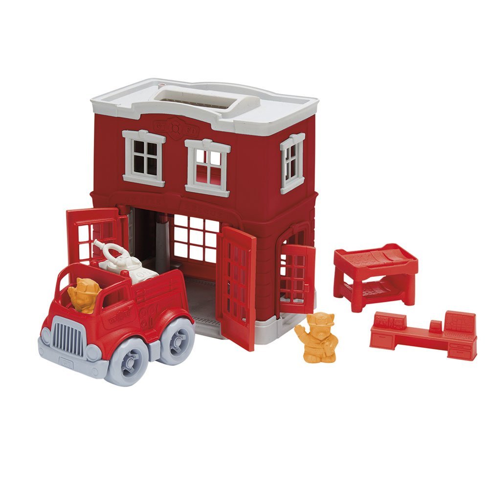 Green Toys Fire Station Playset - 8 Piece Pretend Play, Motor Skills, Language & Communication Kids Role Play Toy. No BPA, phthalates, PVC. Dishwasher Safe, Recycled Plastic, Made in USA.