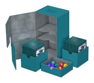 ultimate guard flip 'n' tray 200+, deck case for 200 double-sleeved tcg cards +dice tray, petrol/grey, independent magnetic closure& microfiber lining