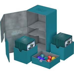 Ultimate Guard Flip 'n' Tray 200+, Deck Case for 200 Double-Sleeved TCG Cards +Dice Tray, Petrol/Grey, Independent Magnetic Closure& Microfiber Lining