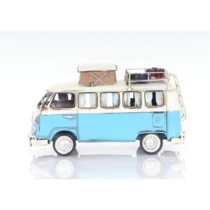 Old Modern Handicrafts Camp Bus Model with Rolling Wheels - 100% Handmade from Iron & Hand-Painted with Classic Blue & White Colors - 11.5L x 5.5W x 6H Inches