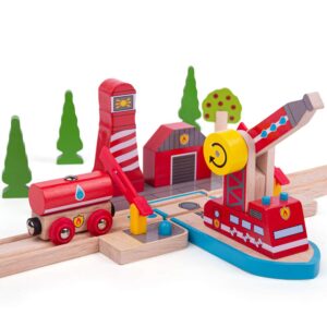 Bigjigs Rail, Fire and Sea Rescue, Wooden Toys, Bigjigs Train Accessories, Rescue Vehicles Toys, Train Toys, Wooden Crane for Train Set, Wooden Toys for 3 4 5 Year Olds